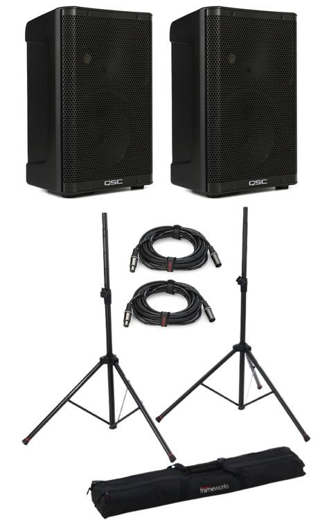 QSC CP8 1000W 8 inch Powered Speaker Pair with Stands and Cables ...