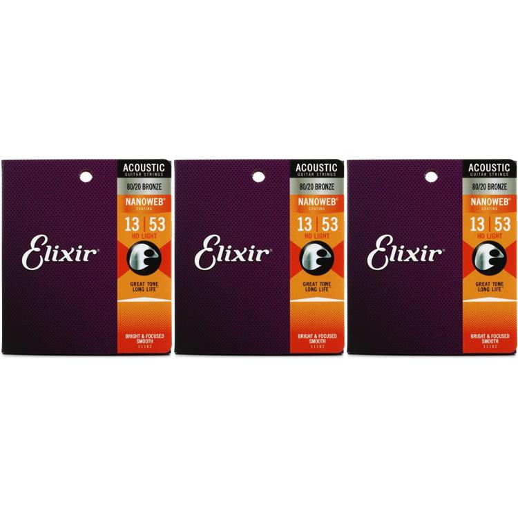 Elixir Strings 11182 Nanoweb 80/20 Acoustic Guitar Strings - .013-.053 ...