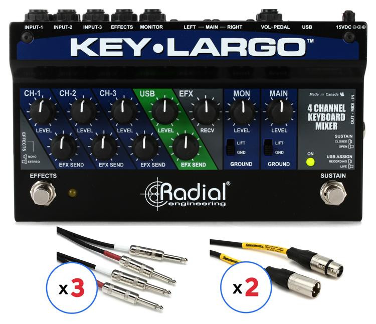 Radial Key-Largo Keyboard Mixer with Balanced DI Outs and Cables Bundle ...