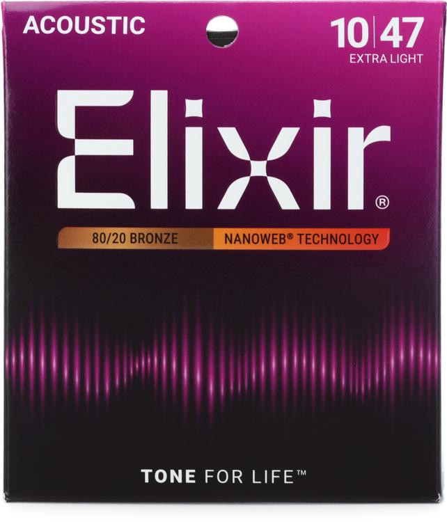 Elixir Strings 11002 Nanoweb 80/20 Acoustic Guitar Strings - .010-.047 ...