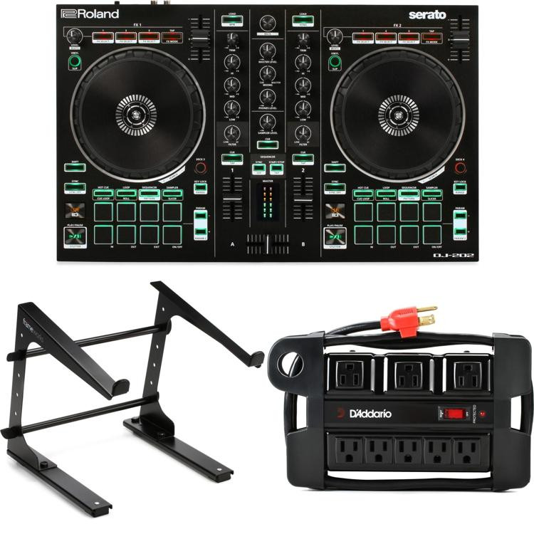 Roland DJ-202 4-deck Serato DJ Controller with Laptop Stand and Power ...