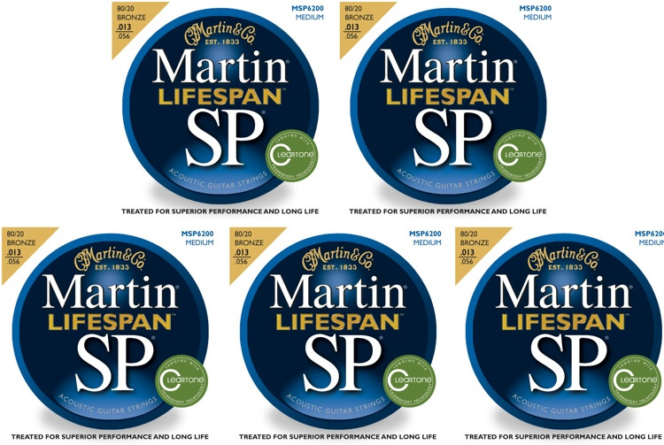 Martin MSP6200 SP Lifespan 80/20 Bronze Medium Acoustic Strings 5-Pack ...