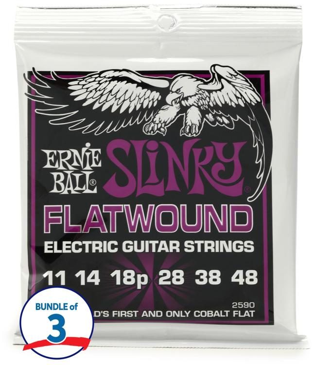 Ernie Ball 2590 Power Slinky Flatwound Electric Guitar Strings - .011-.048 (3-Pack) | Sweetwater