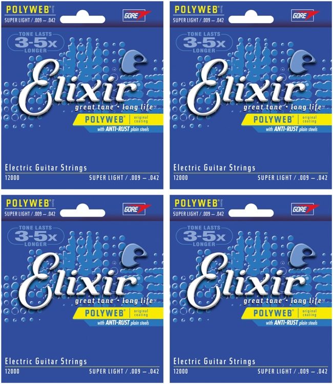 Elixir Strings 12000 Polyweb Super Light Electric Guitar Strings 4-Pack ...