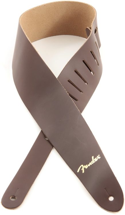 Fender 2" Adjustable Leather Fender Logo Strap - Brown with Gold Logo ...