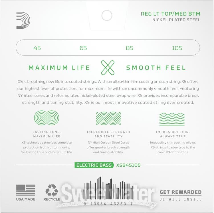 D'Addario XSB45105 XS Nickel Electric Bass Guitar Strings - .045-.105 ...