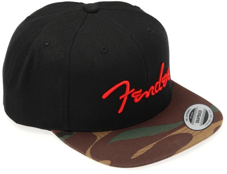 Fender Flatbill Cap - Black and Camo with Red Logo | Sweetwater