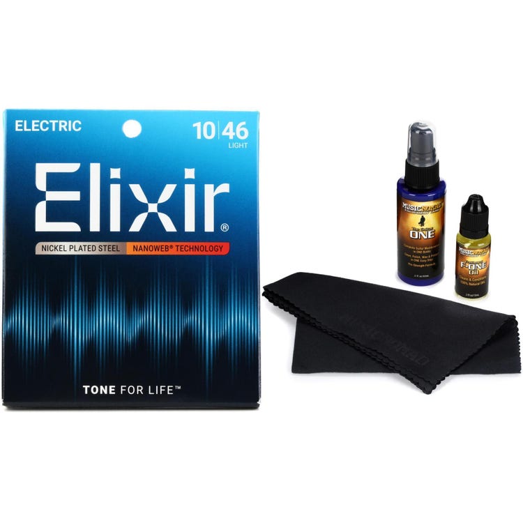Elixir Strings 12052 Nanoweb Electric Guitar Strings with Guitar Care ...