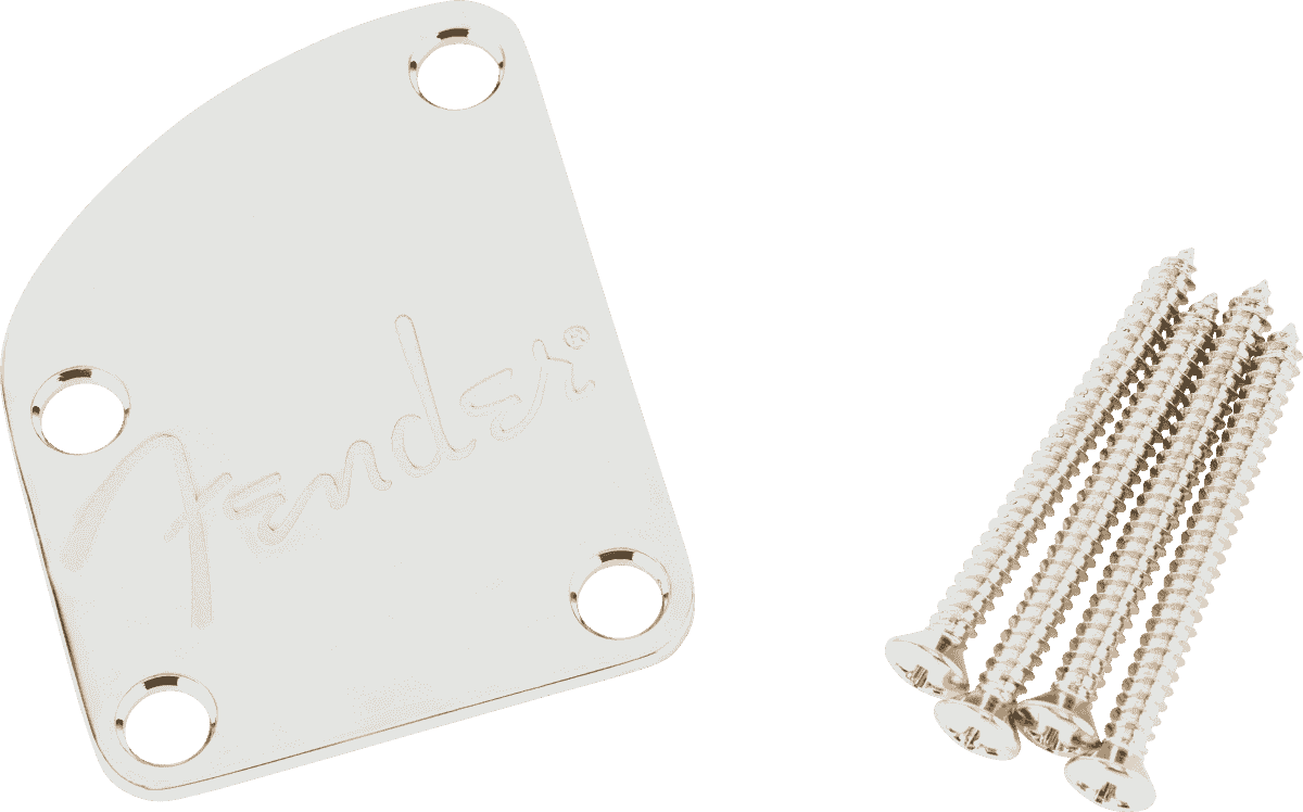 Fender Contoured Heel Neck Plate Spaghetti Logo - Chrome | Sweetwater