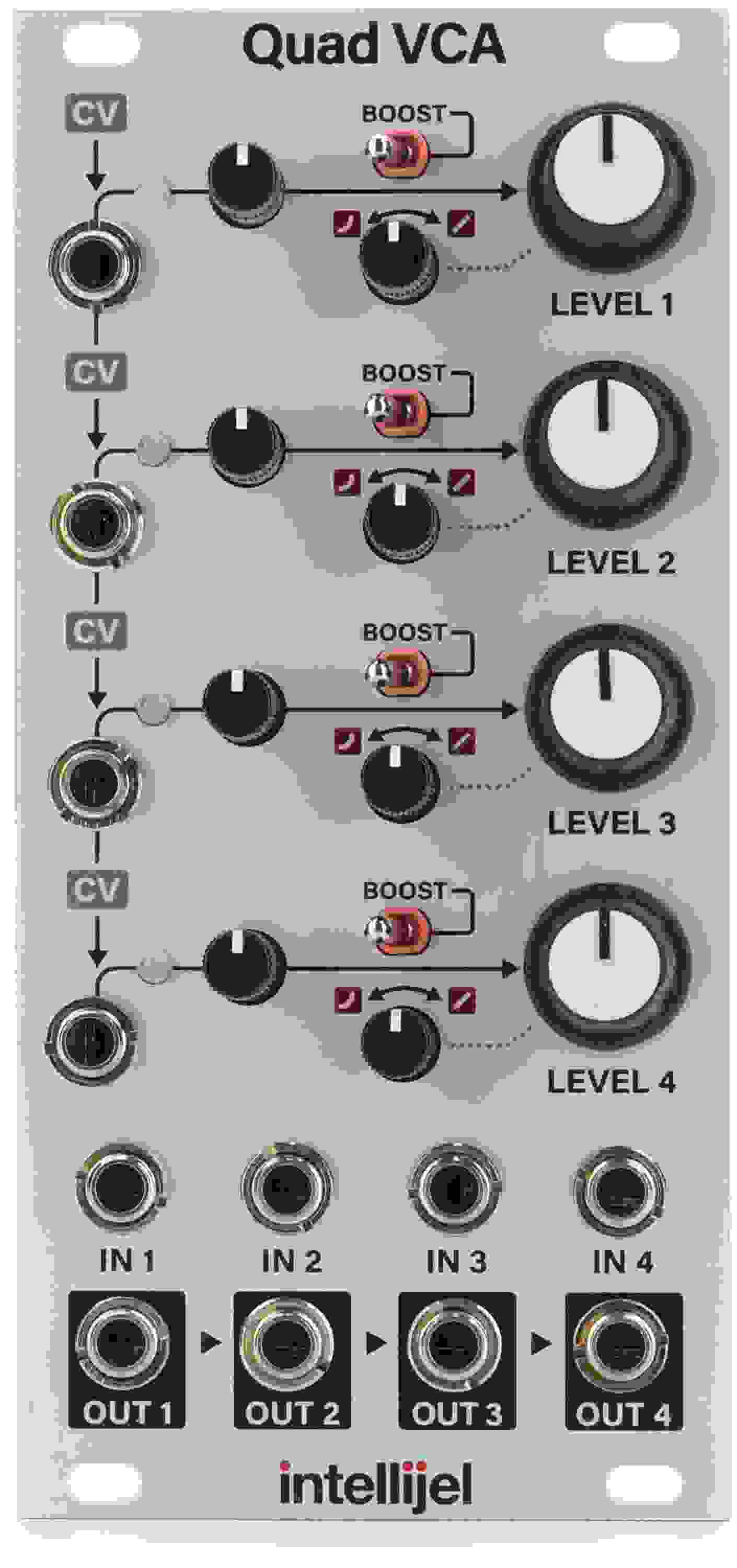 Intellijel Quad VCA Eurorack Amplifier and Cascaded Mixer Module | Sweetwater