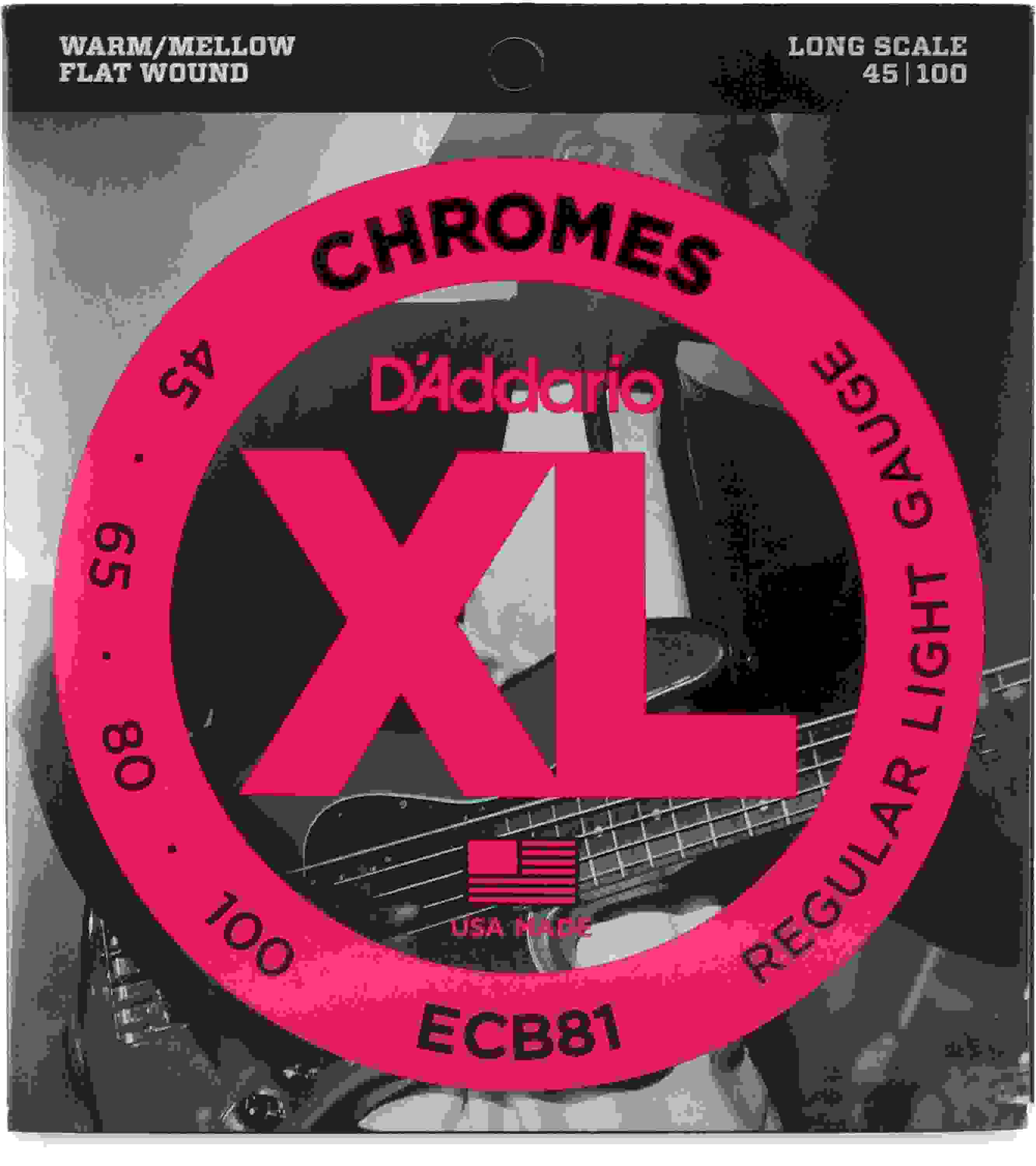 D'Addario XL Chromes Flatwound Bass Guitar Strings -.045-.100 Regular ...