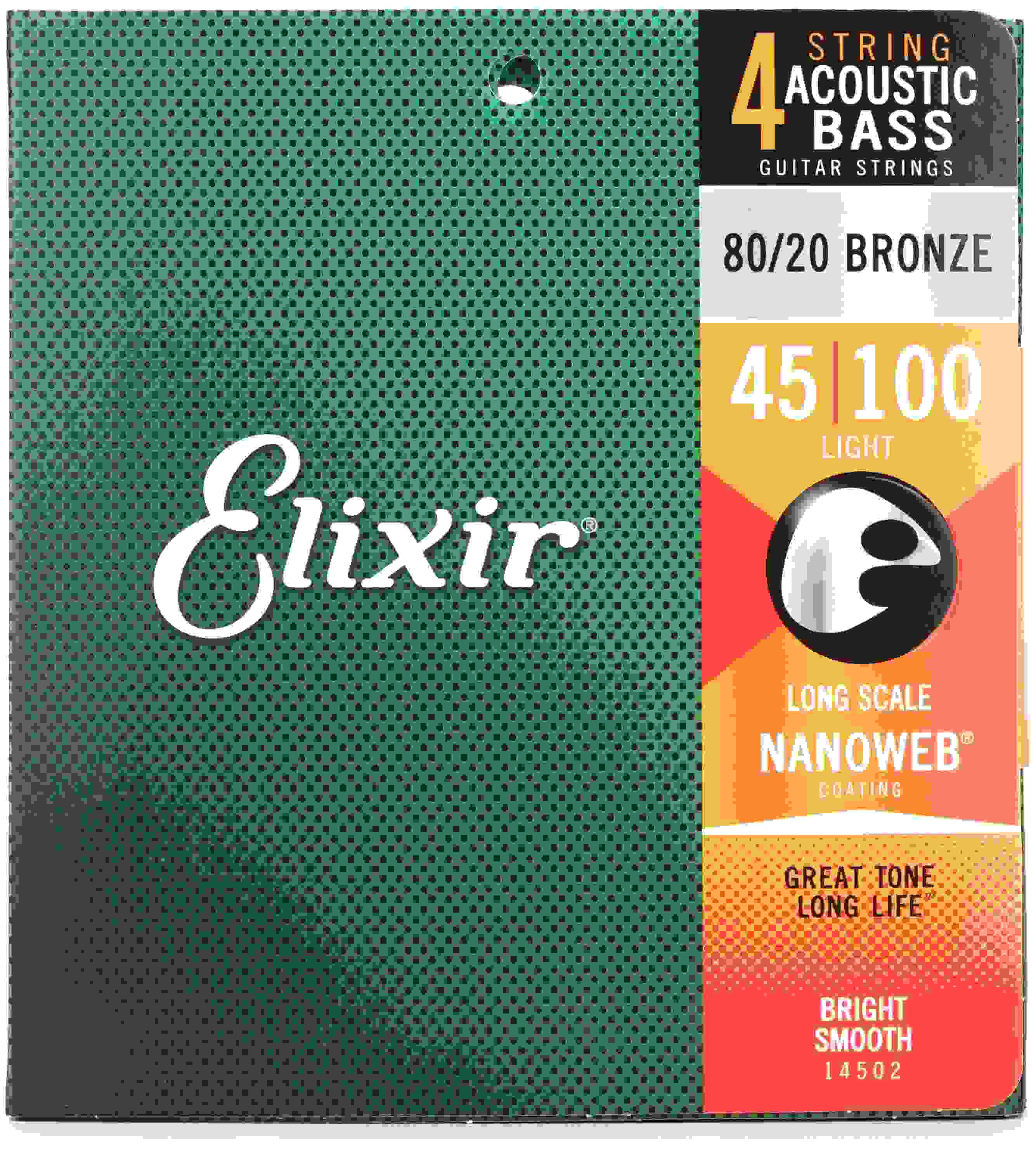 Elixir Strings 14502 Nanoweb 80/20 Acoustic Bass Guitar Strings - .045 ...