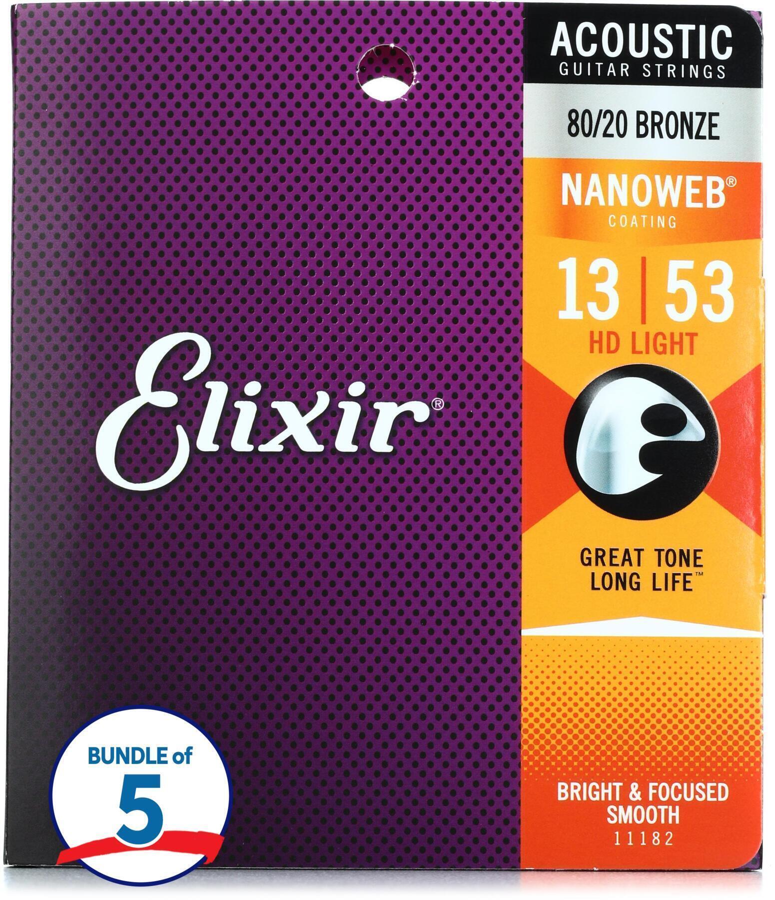 Elixir Strings 11182 Nanoweb 80/20 Acoustic Guitar Strings - .013-.053 ...