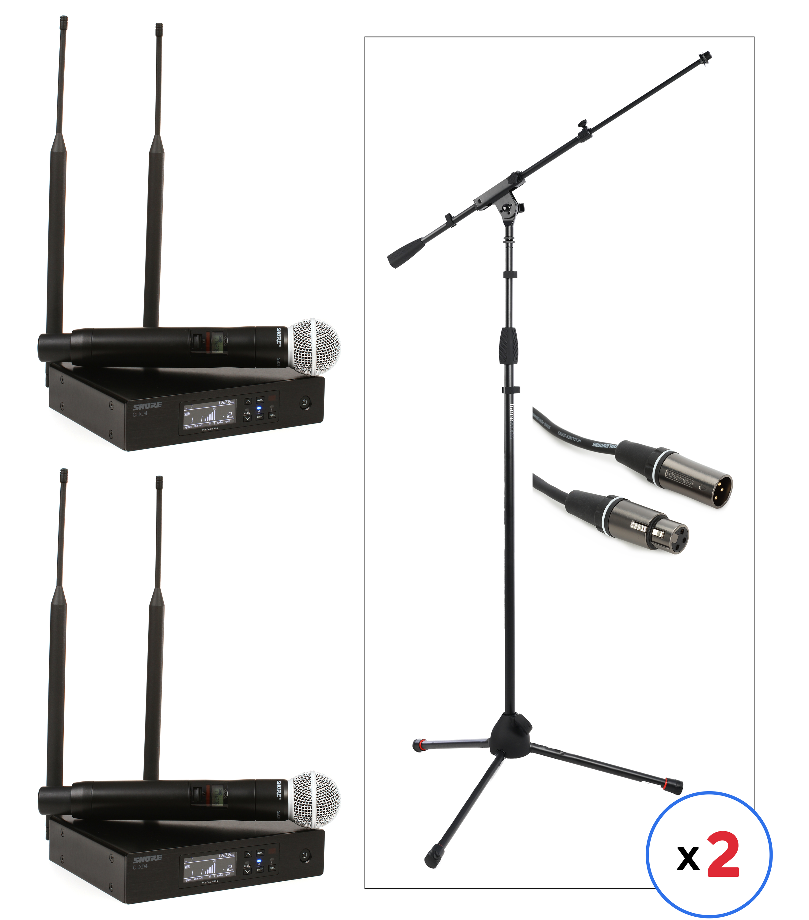 Shure QLXD4 Dual Digital Wireless Systems with SM58 Microphones, Stands ...