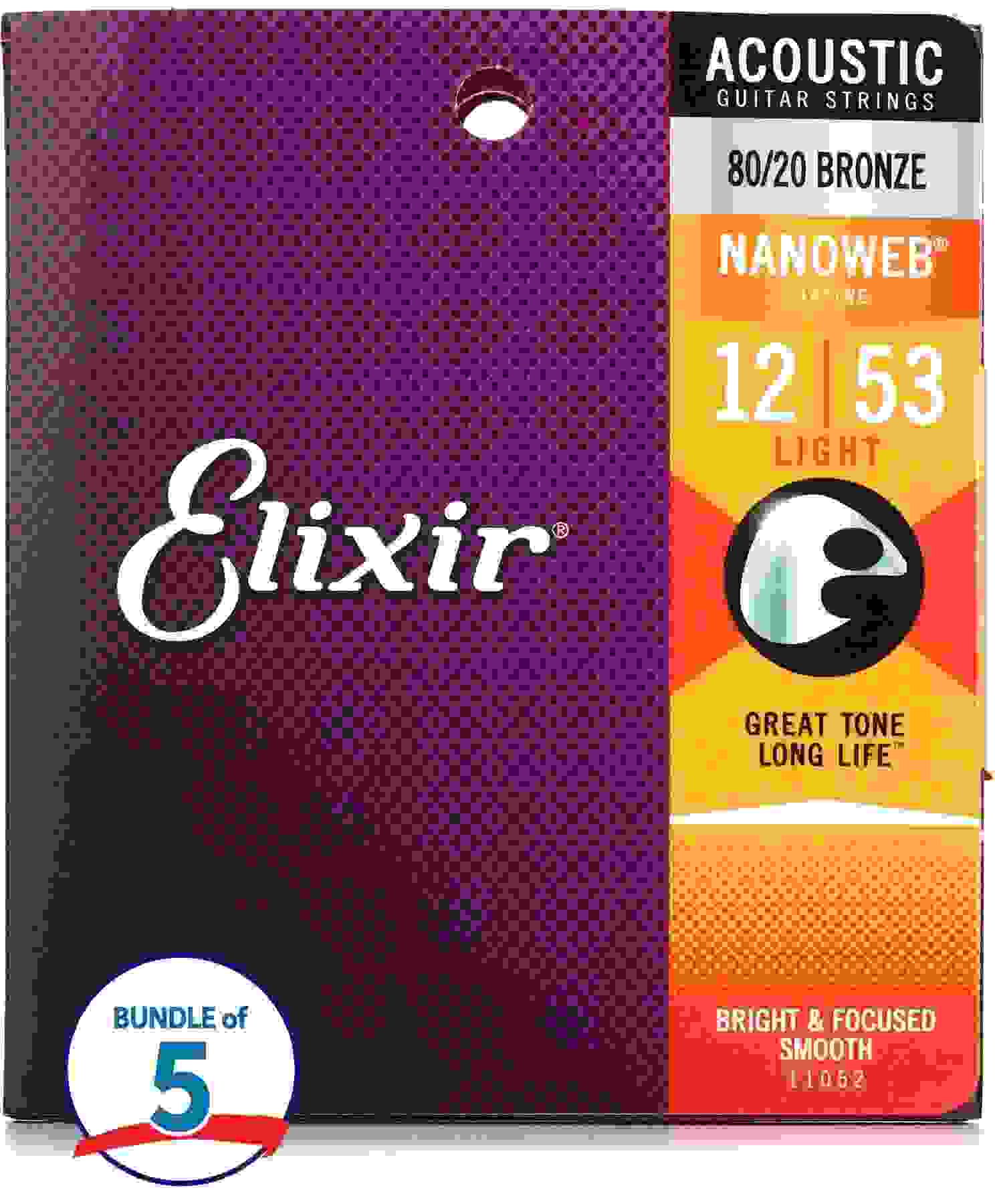 Elixir Strings 11052 Nanoweb 80/20 Acoustic Guitar Strings - .012-.053 ...