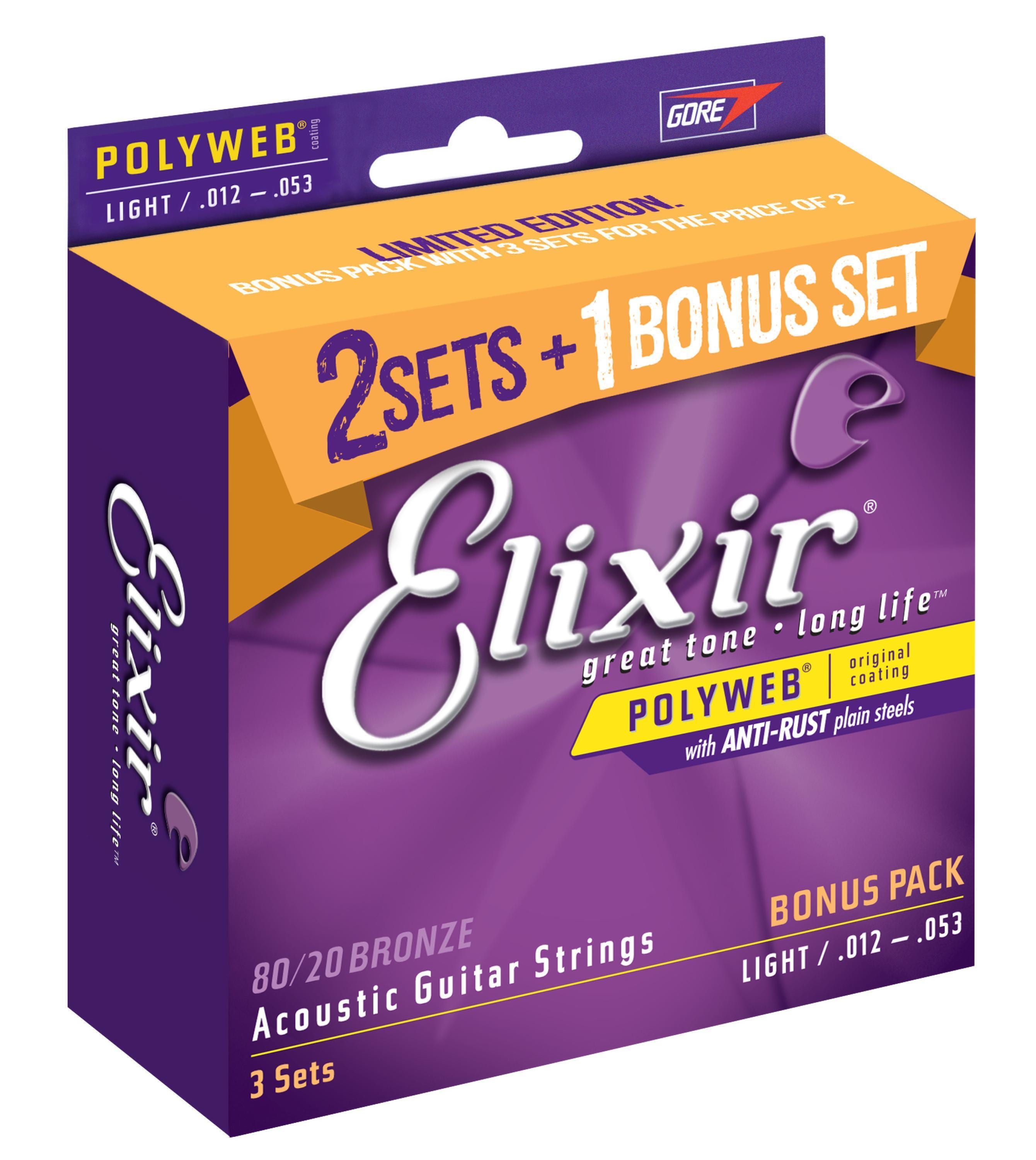 Elixir Strings Polyweb 80/20 Bronze Acoustic Guitar Strings .012-.053 ...