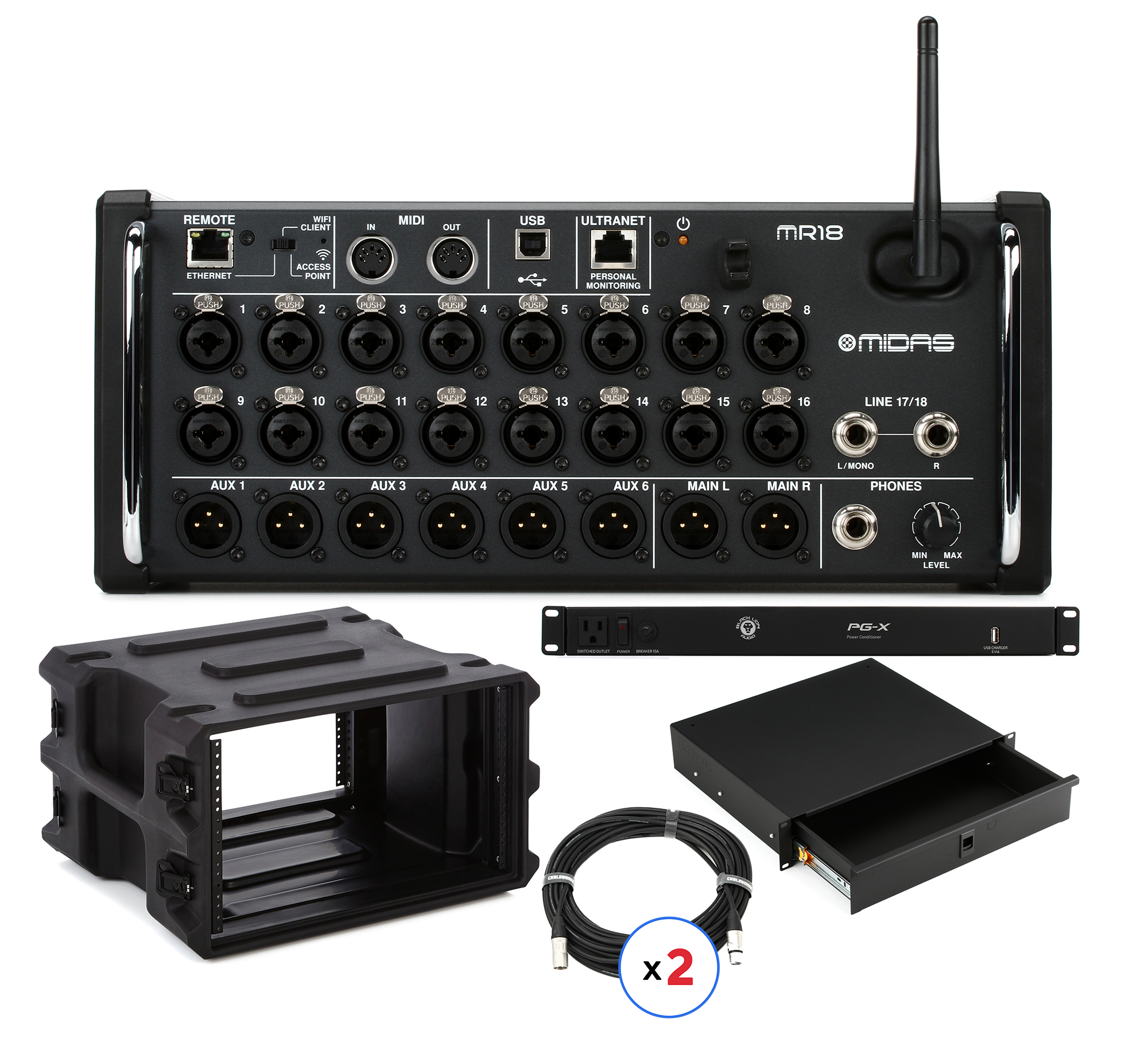 Midas MR18 18-channel Tablet-controlled Digital Mixer Rack Case Bundle ...