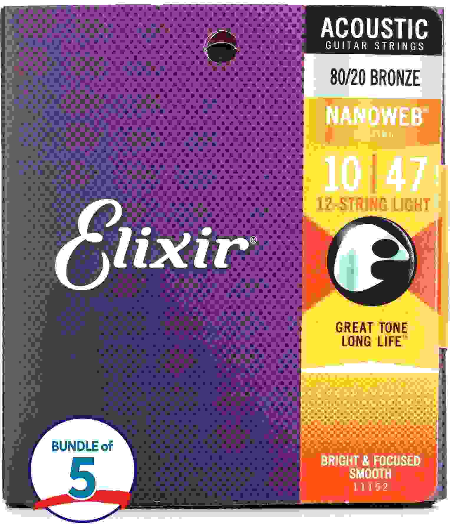 Elixir Strings 11152 Nanoweb 80/20 Acoustic Guitar Strings - .010-.047 ...
