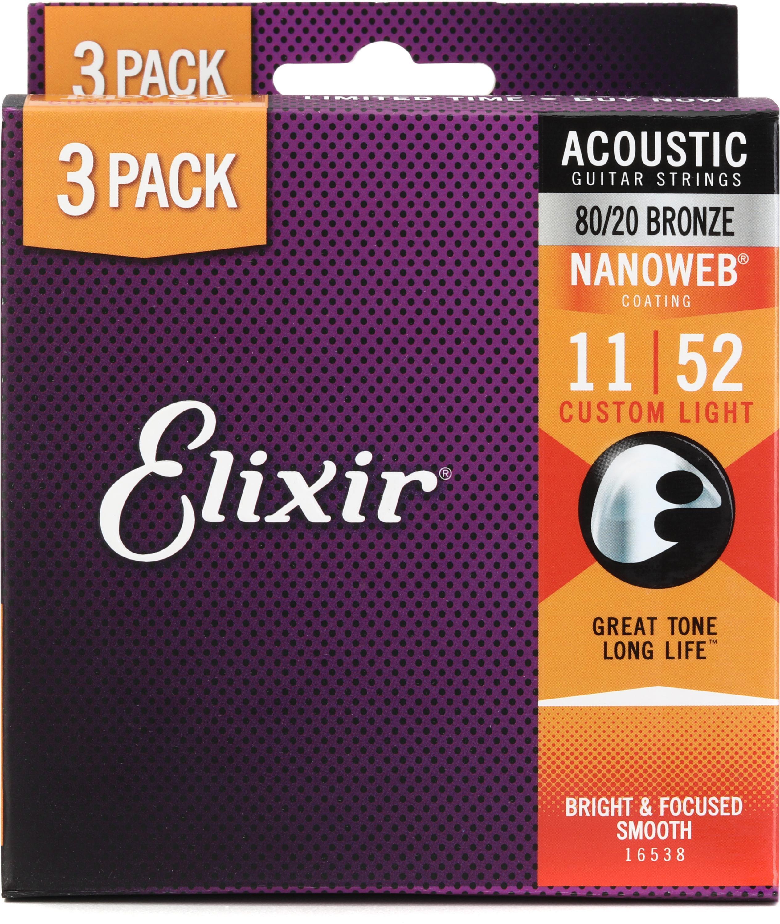 Elixir Strings 16538 Nanoweb 80/20 Acoustic Guitar Strings - .011-.052 ...