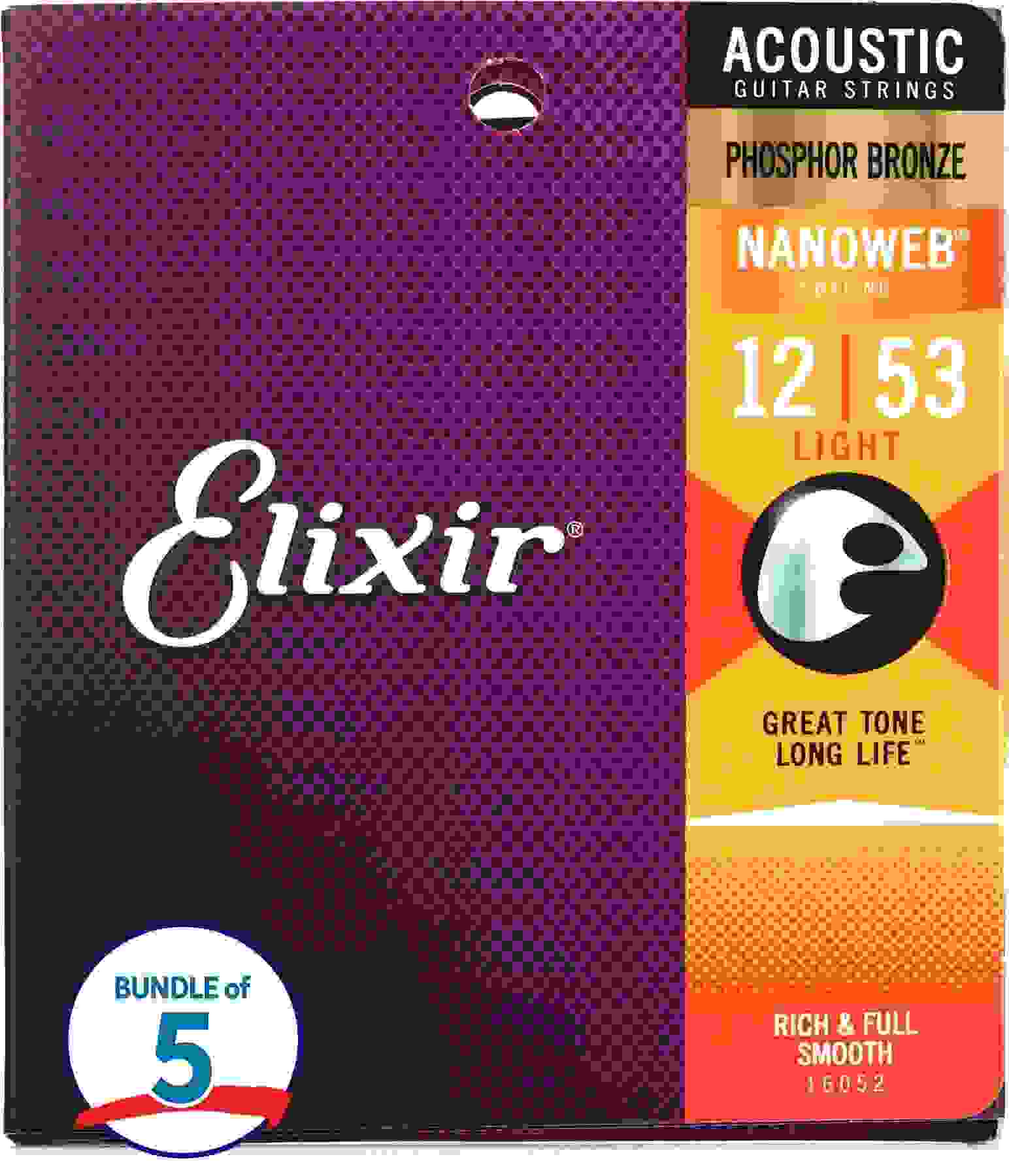 Elixir Strings 16052 Nanoweb Phosphor Bronze Acoustic Guitar Strings - .012-.053 Light (5-pack ...