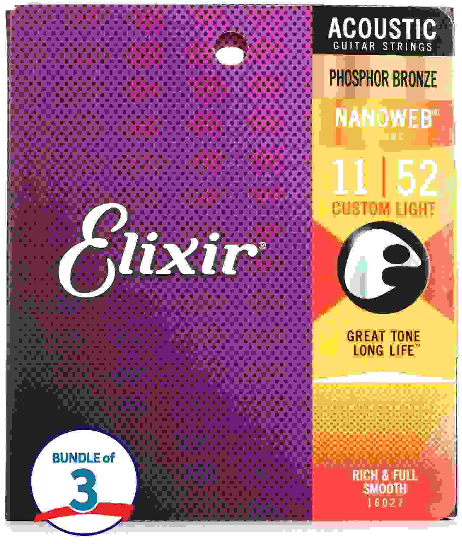 Elixir Strings 16027 Nanoweb Phosphor Bronze Acoustic Guitar Strings - .011-.052 Custom Light (3 ...