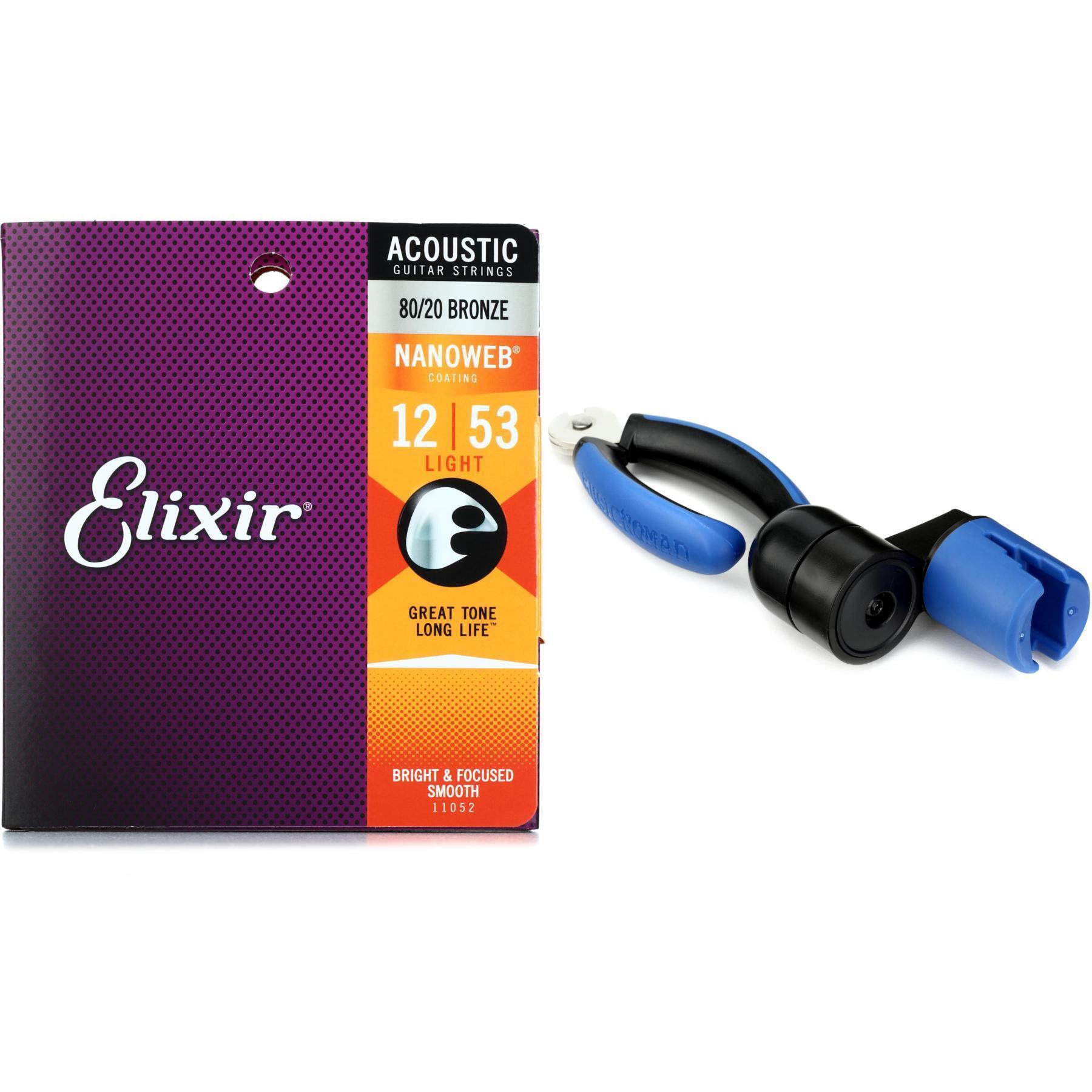 Elixir Strings 11052 Nanoweb 80/20 Acoustic Guitar Strings with String ...