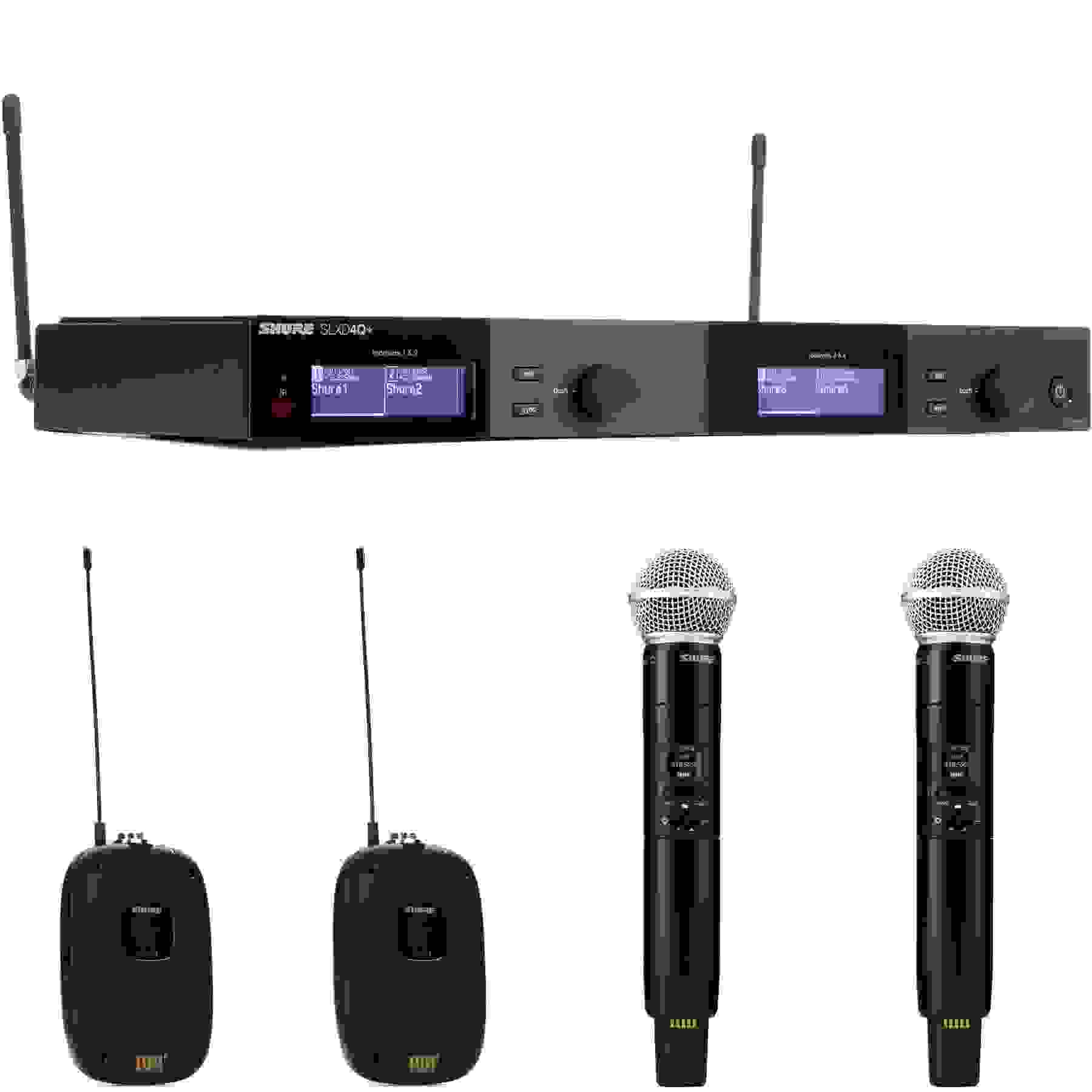 Shure SLXD4Q+ Quad Wireless Receiver with Wireless Bodypack Transmitters and Handheld Microphone ...