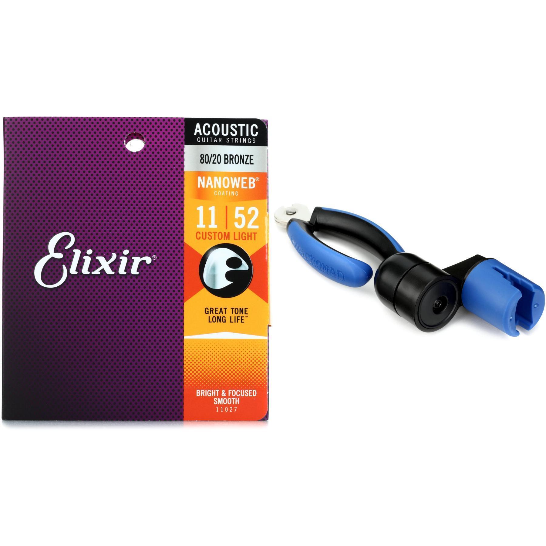 Elixir Strings 11027 Nanoweb 80/20 Acoustic Guitar Strings with String Winder - .011-.052 Custom ...