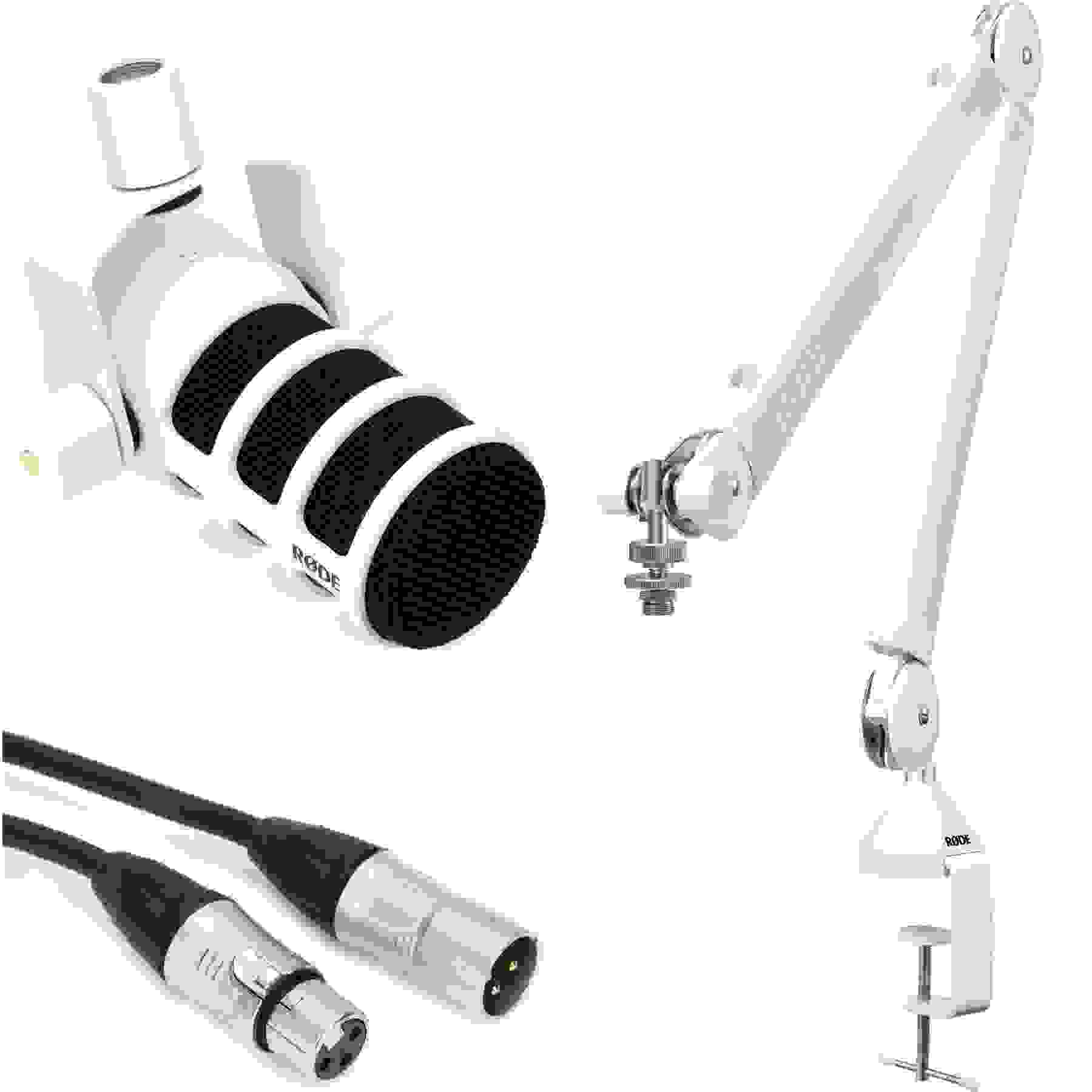 Rode PodMic Dynamic Broadcast Microphone and Boom Arm Bundle - White ...