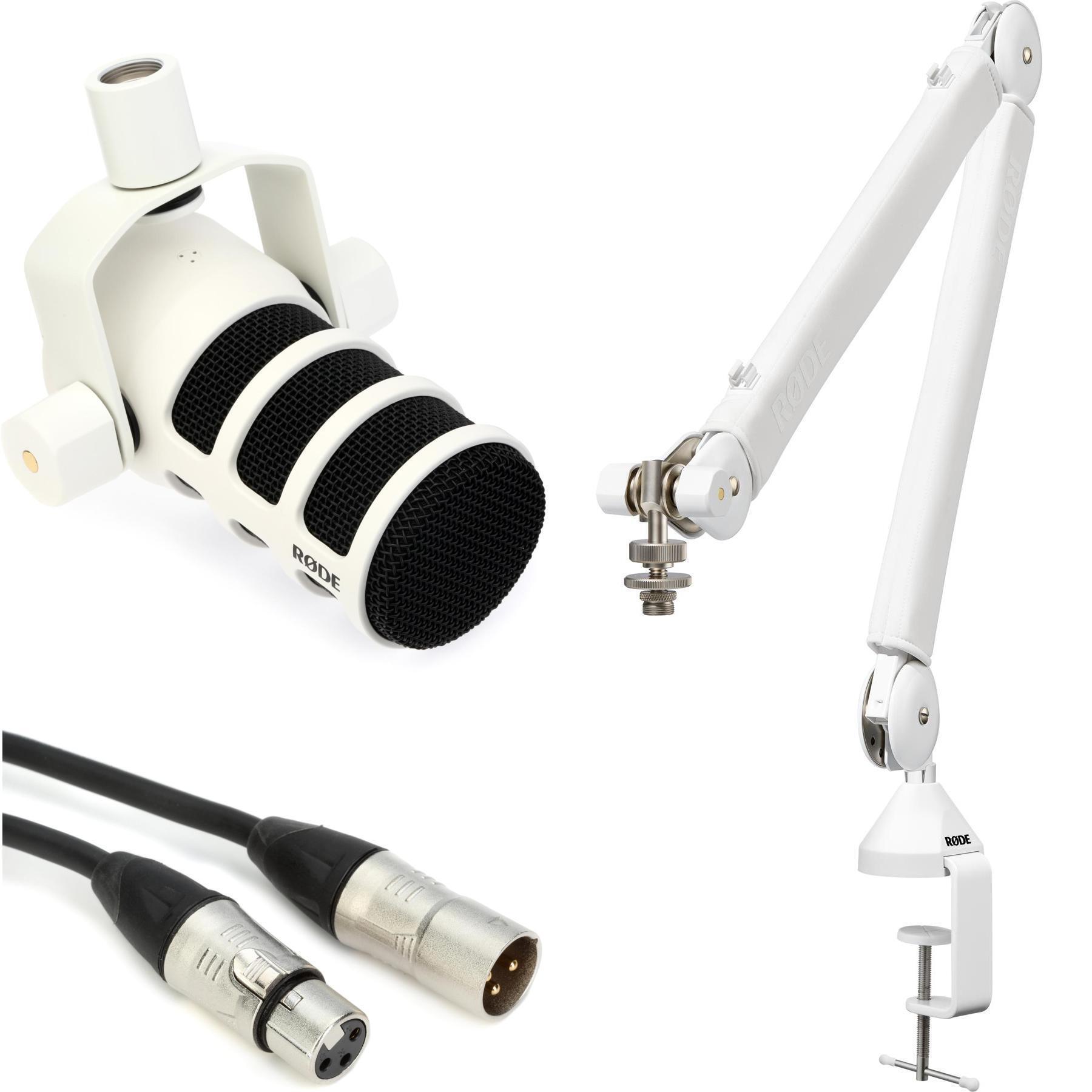 Rode PodMic Dynamic Broadcast Microphone and Boom Arm Bundle - White ...