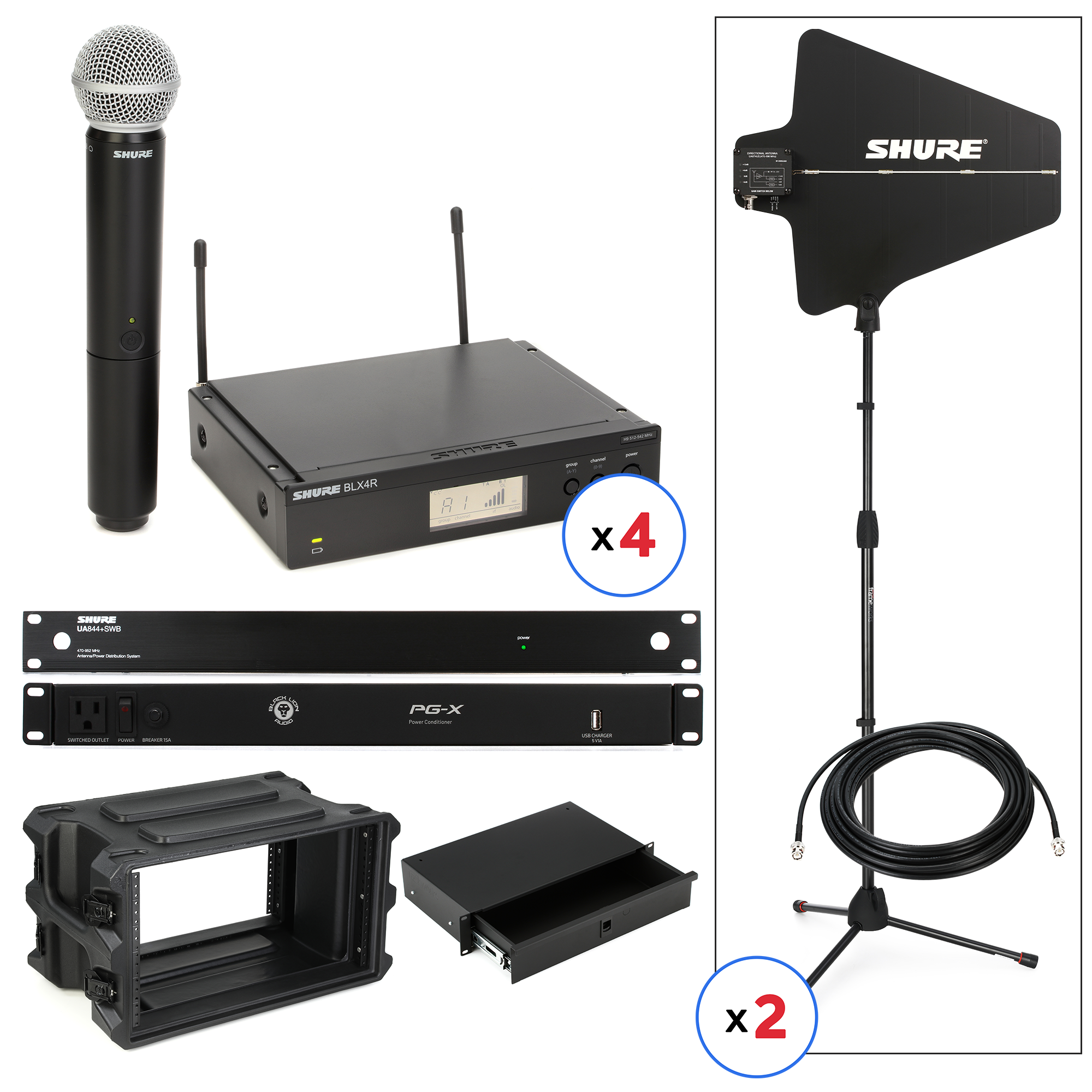 Shure BLX24R/SM58 Wireless Handheld Microphone 4 Channel Portable Bundle - H9 Band | Sweetwater