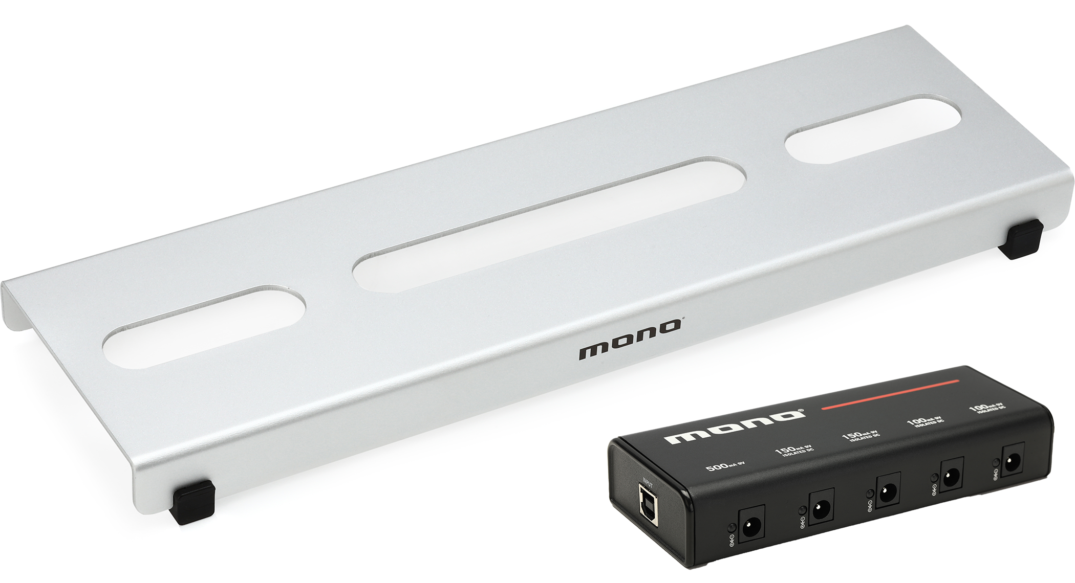 MONO Pedalboard Lite Plus and 5-outlet Isolated USB Power Supply - Silver | Sweetwater