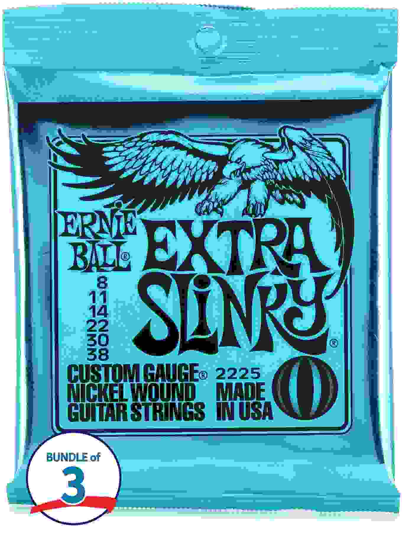 Ernie Ball 2225 Extra Slinky Nickel Wound Electric Guitar Strings - .008-.038 (3-Pack) | Sweetwater