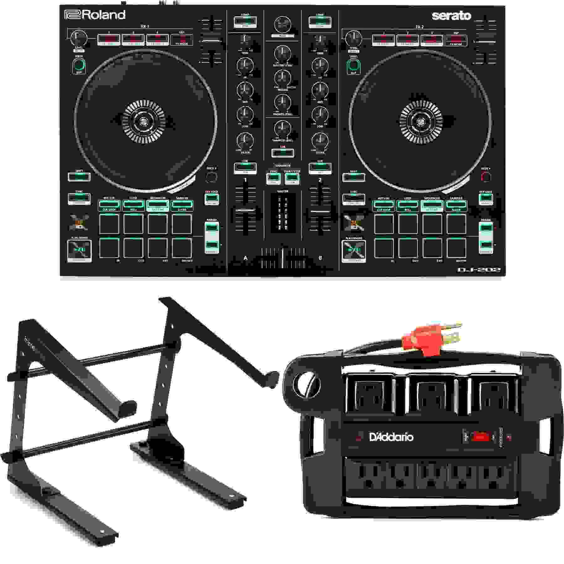 Roland DJ-202 4-deck Serato DJ Controller with Laptop Stand and Power ...