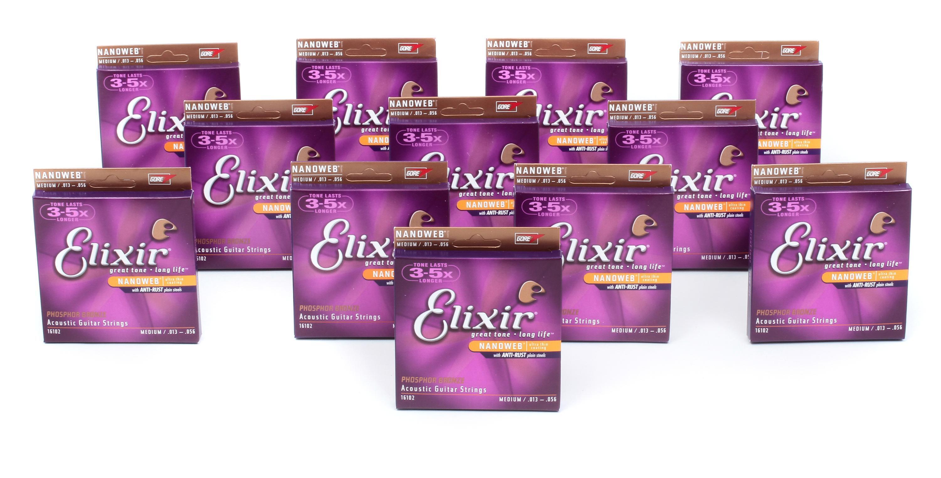Elixir Strings 16102 Nanoweb Phosphor Bronze Medium Acoustic Strings 12 ...