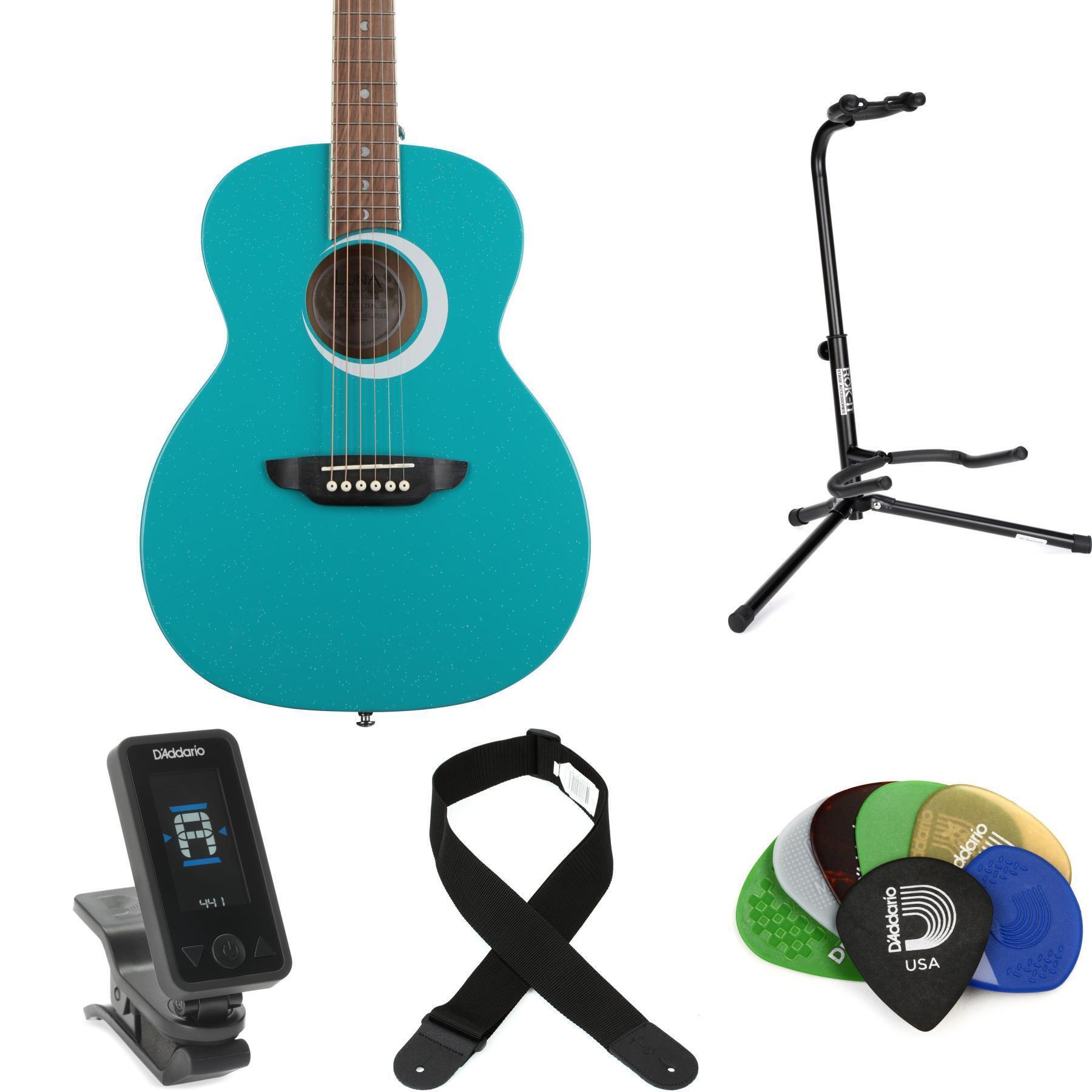 Luna Aurora Borealis 3/4-Size Acoustic Guitar Essentials Bundle - Teal Sparkle | Sweetwater