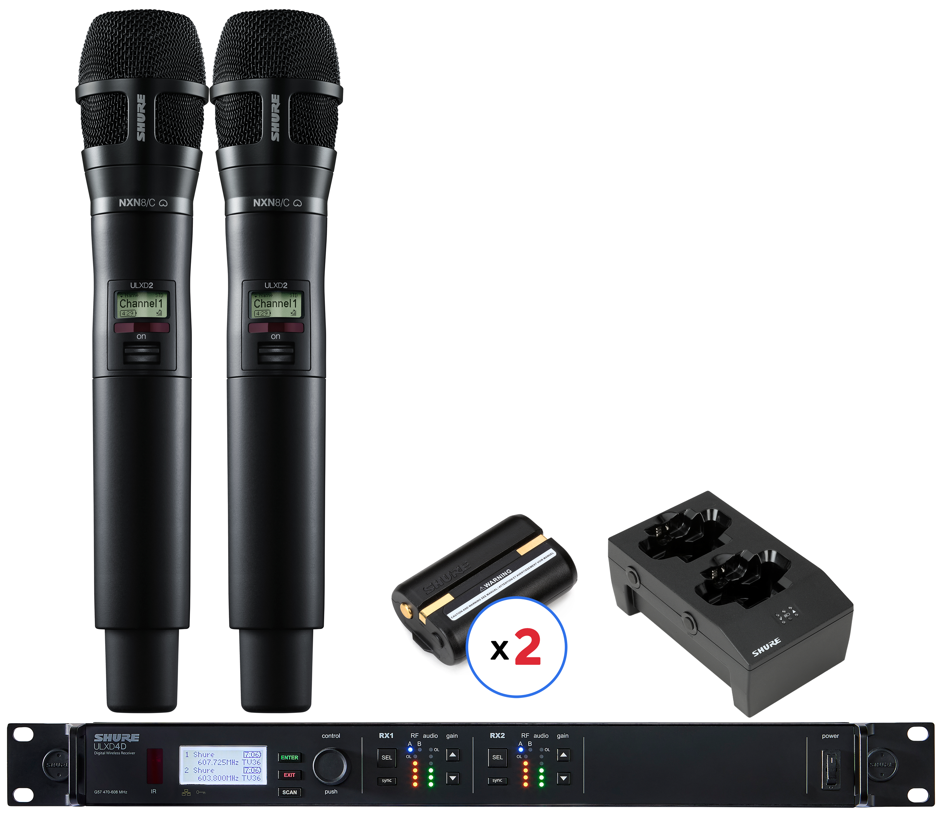 Shure ULXD4D Dual Wireless System with Nexadyne 8/C Handheld Transmitters - G57 Band | Sweetwater