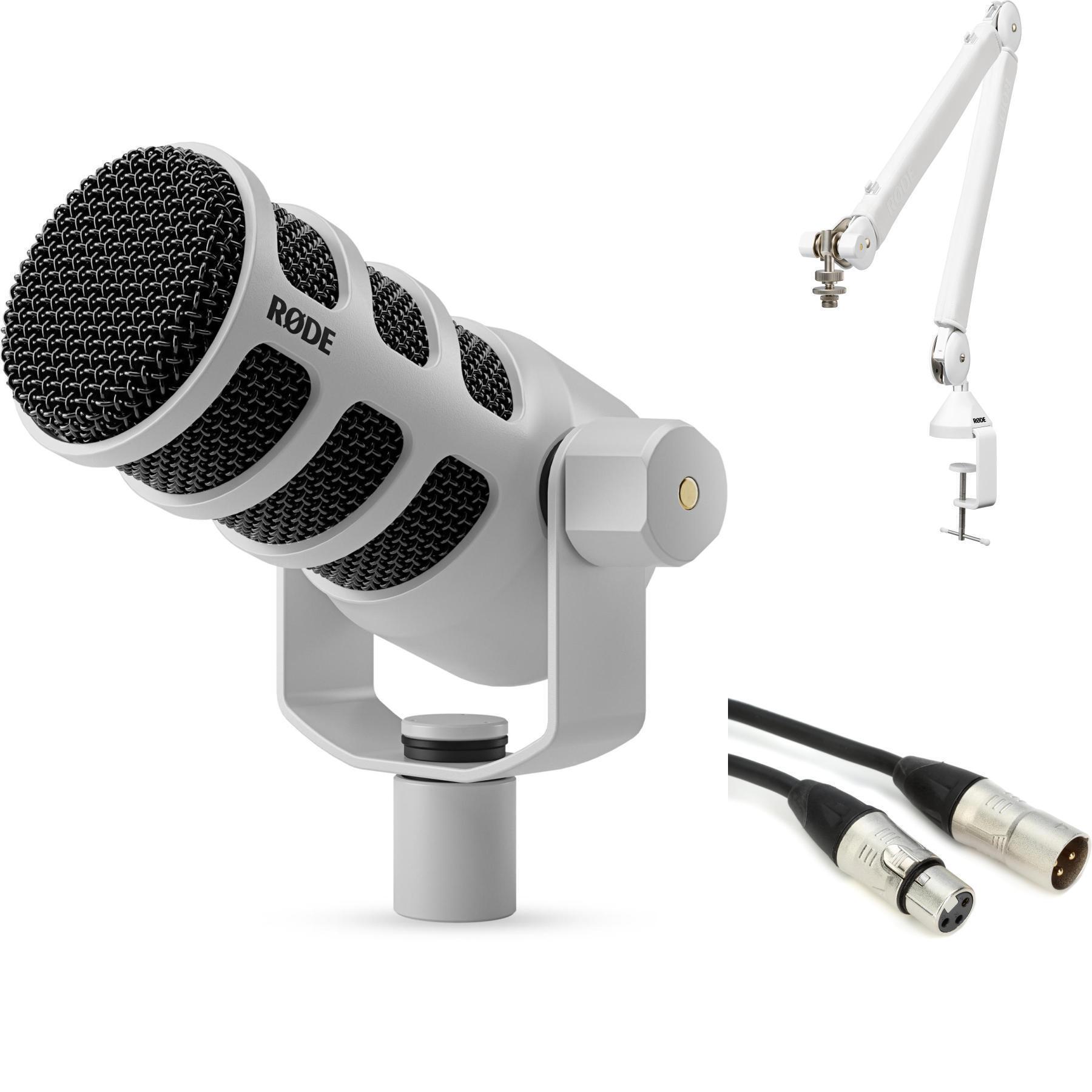 Rode PodMic Dynamic Broadcast Microphone and Boom Arm Bundle - White ...