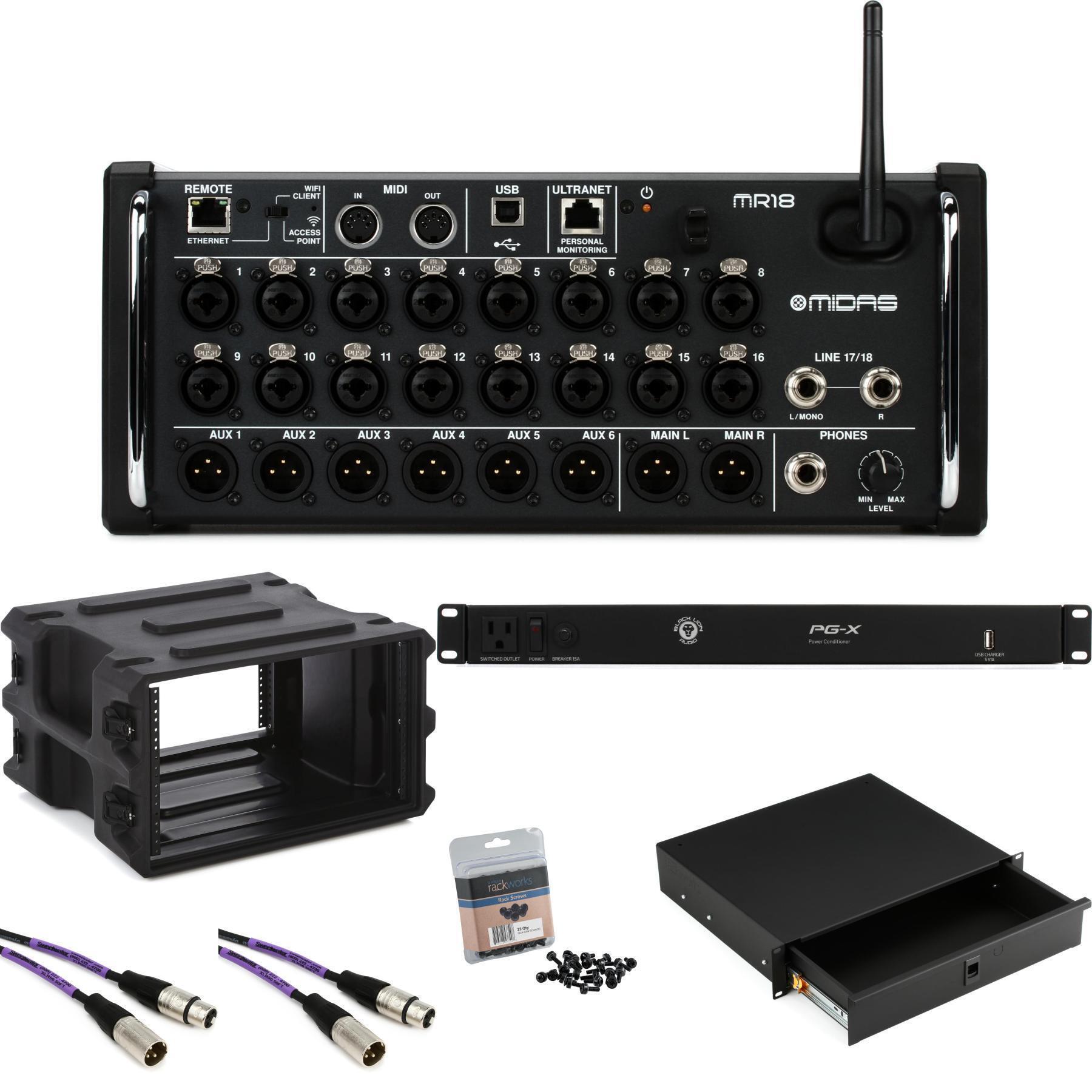 Midas MR18 18-channel Tablet-controlled Digital Mixer Rack Case Bundle ...